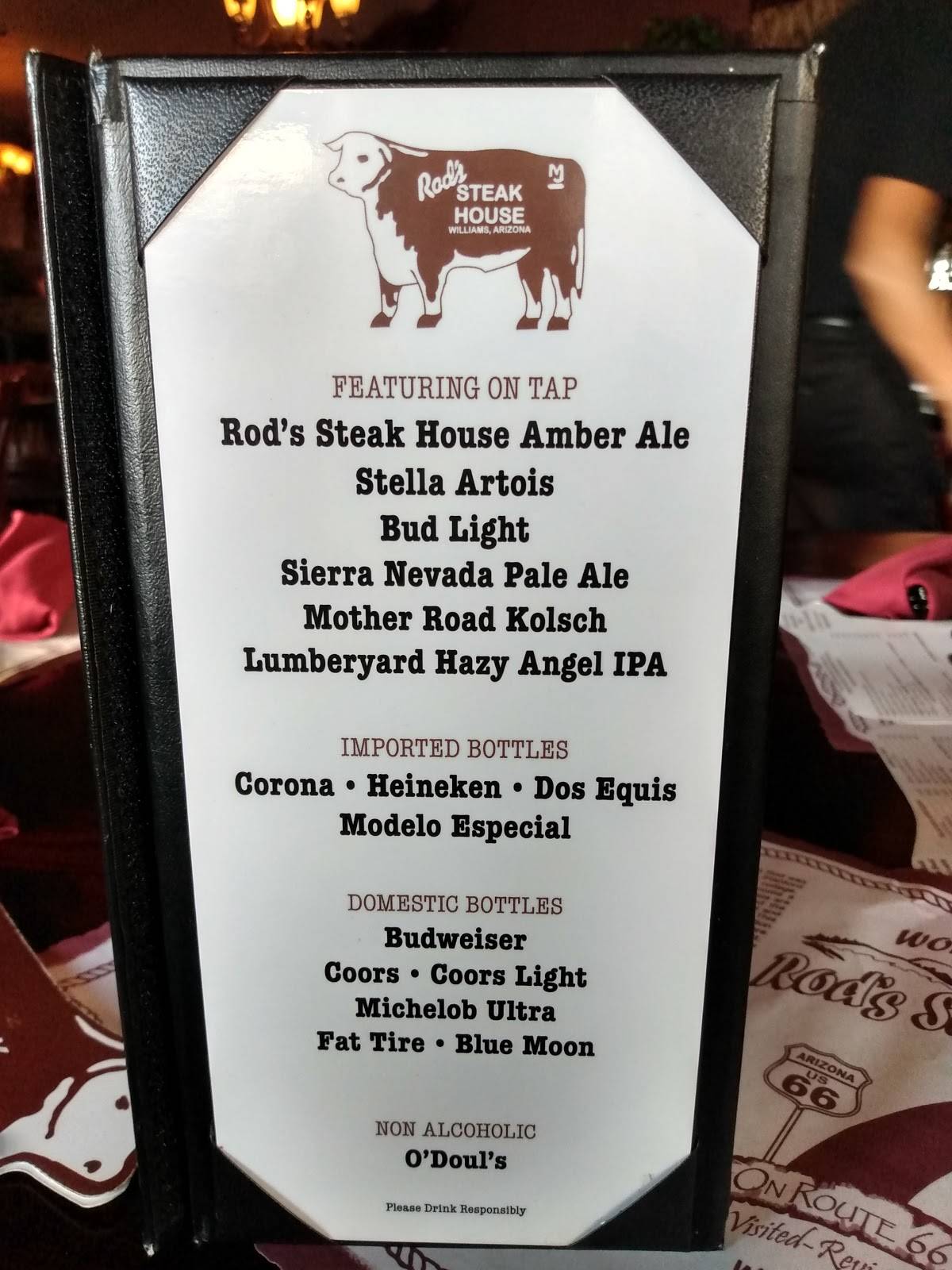 Menu at Rod's Steak House steakhouse, Williams