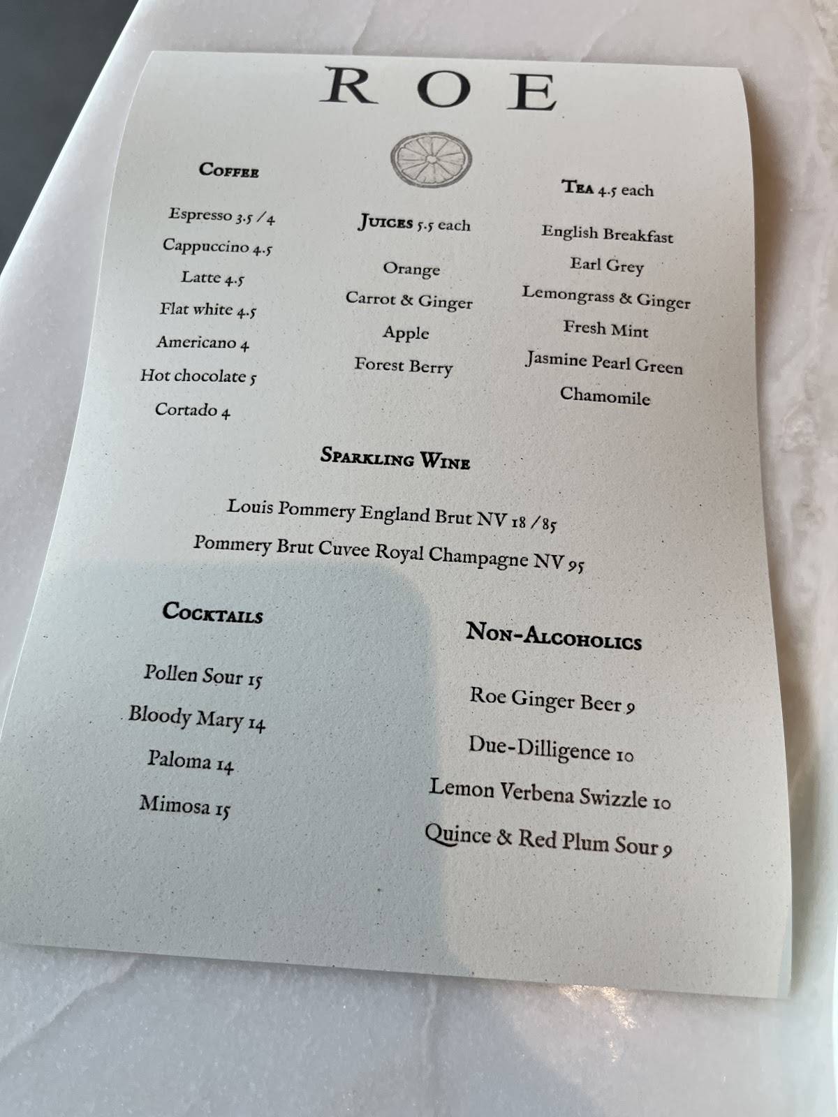 Menu at Roe - Canary Wharf restaurant, London, 5 Park Dr