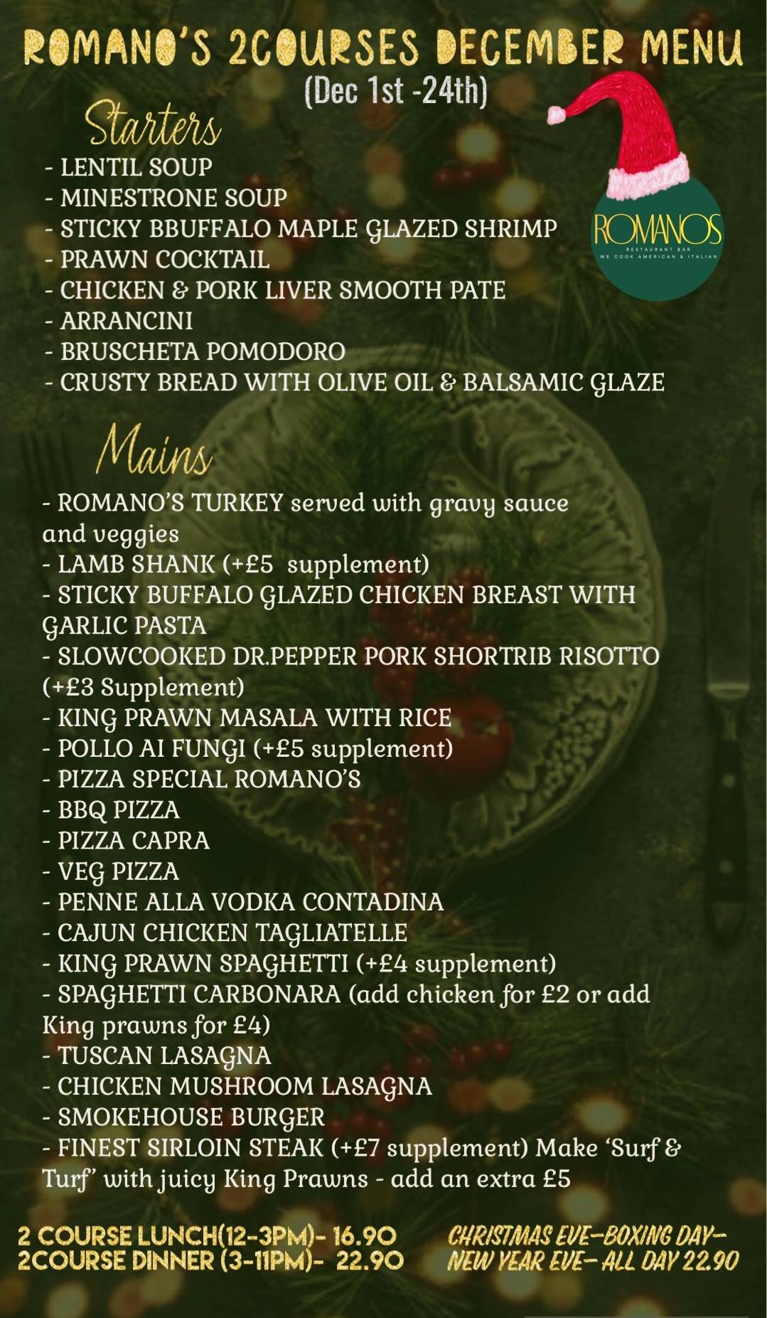 Menu at Romano's restaurant, Glasgow
