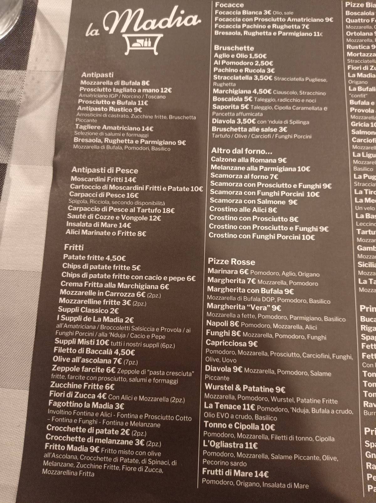 Menu at La Madia restaurant, Rome, Piazza Zama