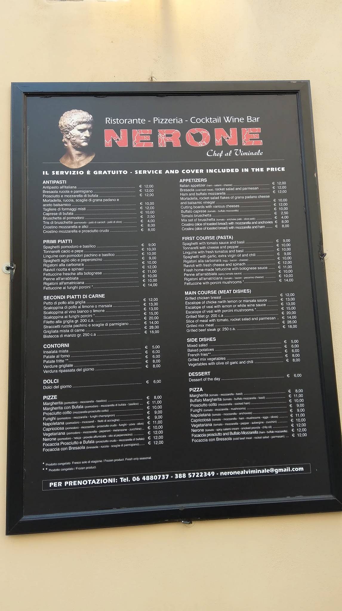 Menu at Nerone pizzeria, Rome, Via del Viminale
