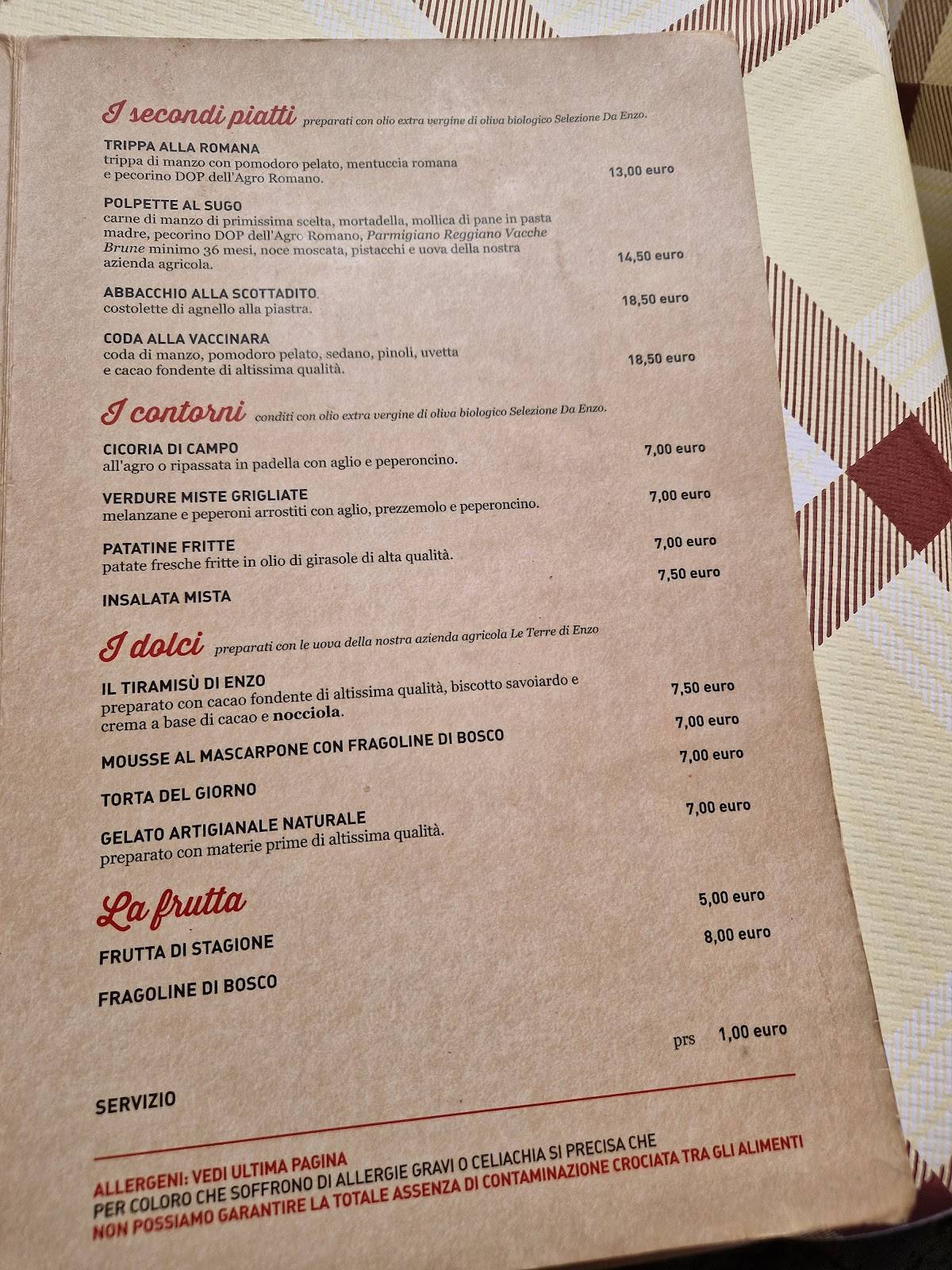 Menu at Trattoria Da Enzo al 29 restaurant, Rome