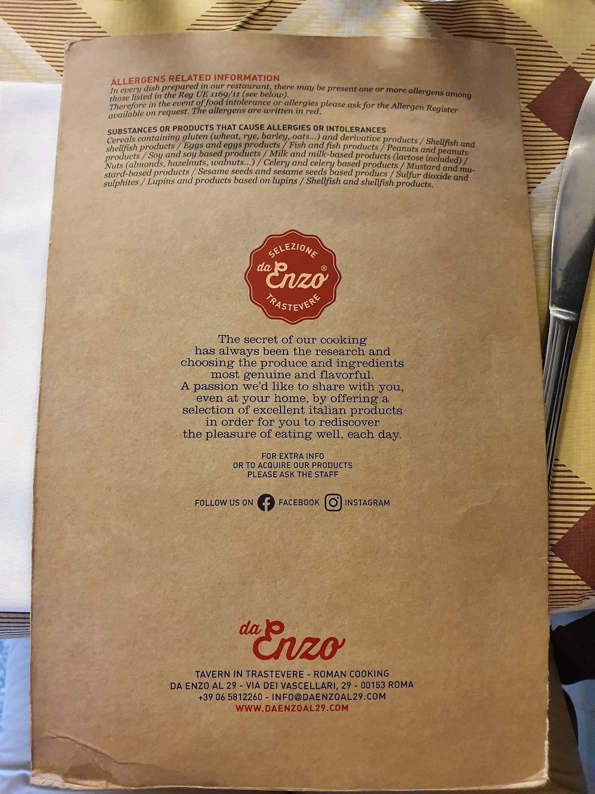 Menu at Trattoria Da Enzo al 29 restaurant, Rome