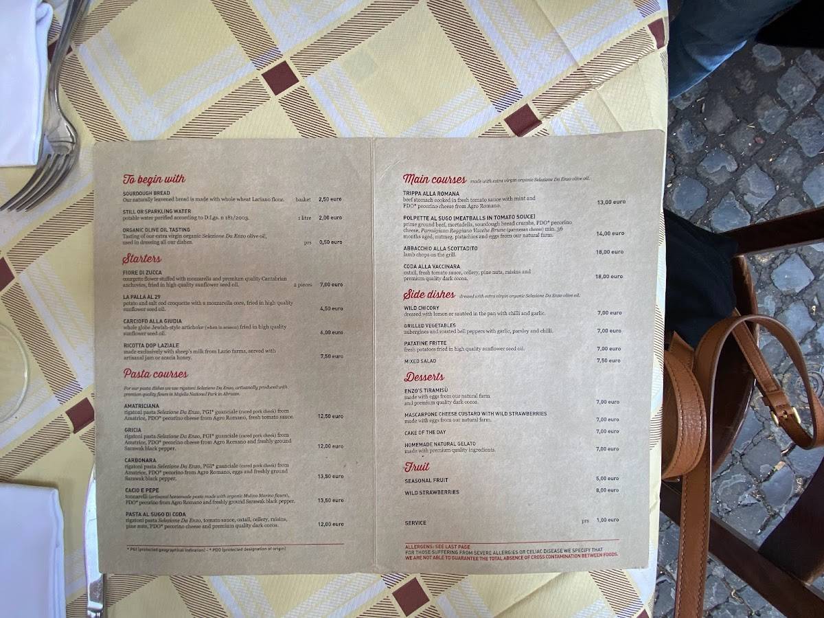 Menu at Trattoria Da Enzo al 29 restaurant, Rome