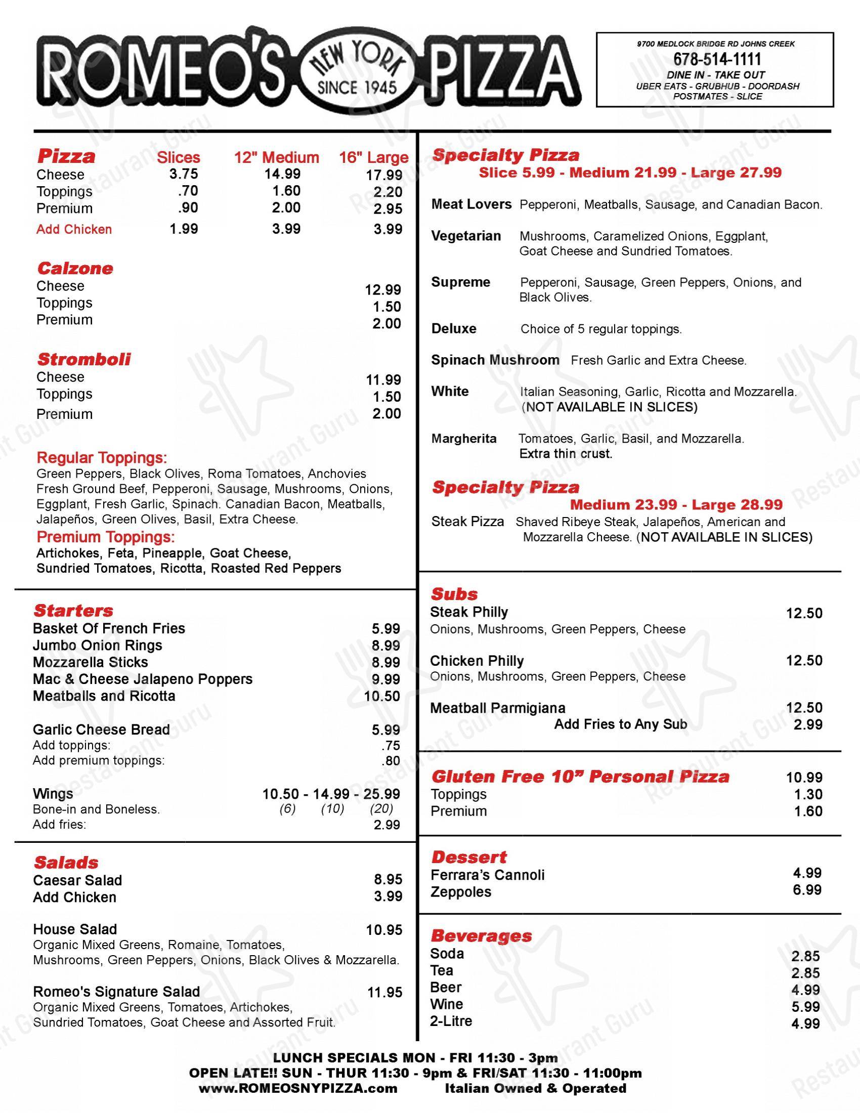 Menu at Romeo's New York Pizza pizzeria, Johns Creek