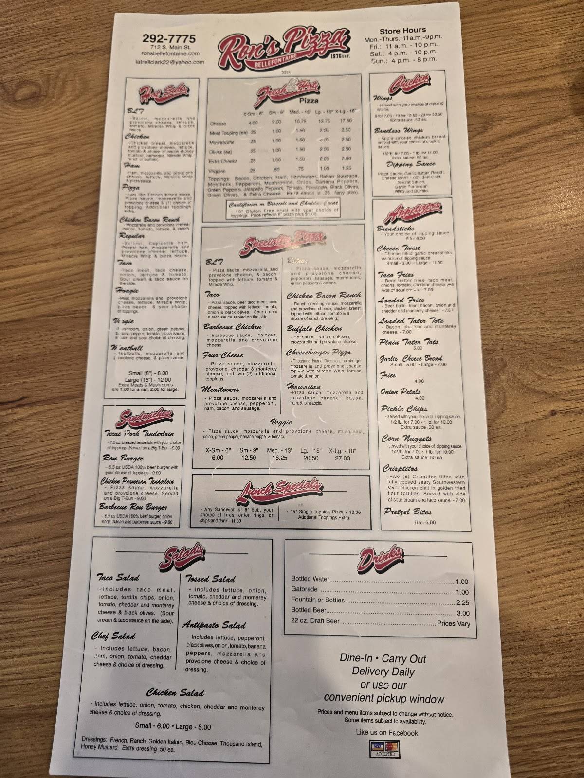 Menu at Ron's Pizza Of Bellefontaine pub & bar, Bellefontaine