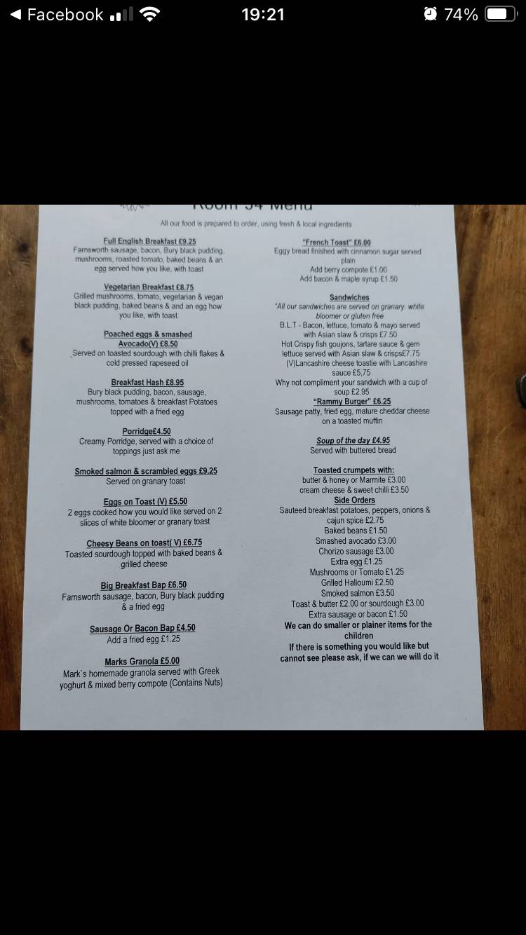 Menu at Room 54 Ramsbottom cafe, Bury