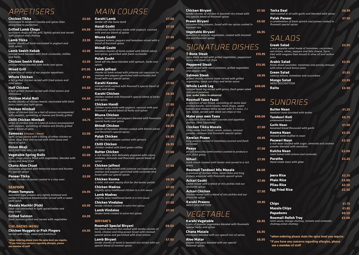 Menu at Roomali restaurant, Blackburn