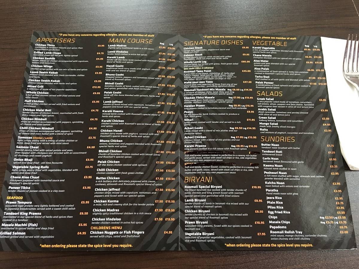 Menu at Roomali restaurant, Blackburn