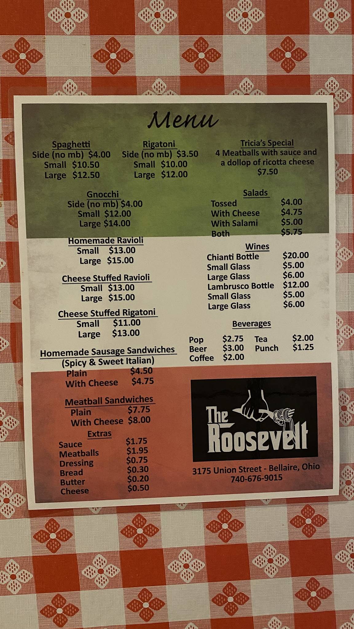 Menu at Roosevelt restaurant, Bellaire