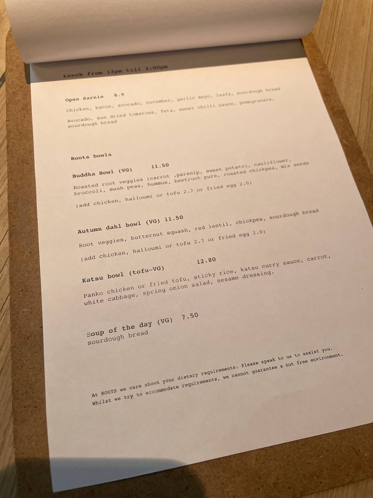 Menu at Roots cafe, Chesham