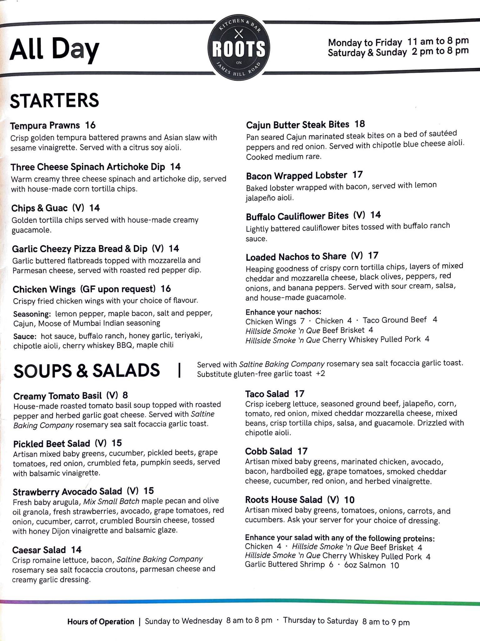 Menu at Roots Kitchen & Bar, Regina