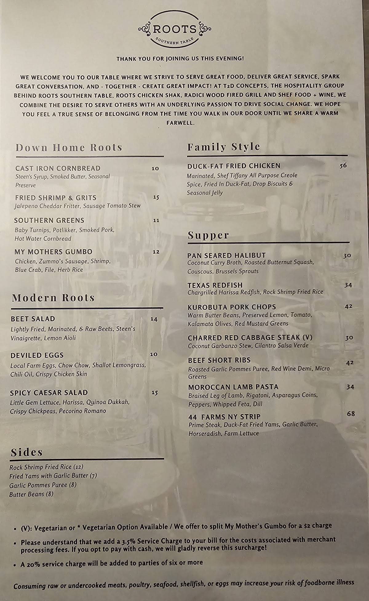 Menu at Roots Southern Table pub & bar, Farmers Branch