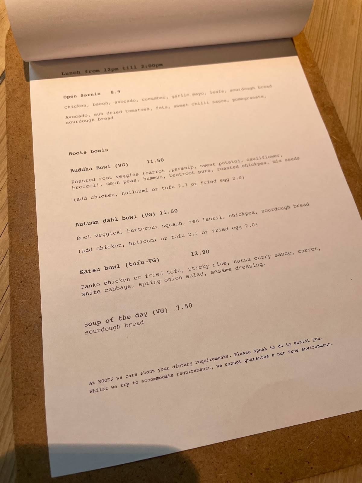Menu at Roots cafe, Chesham