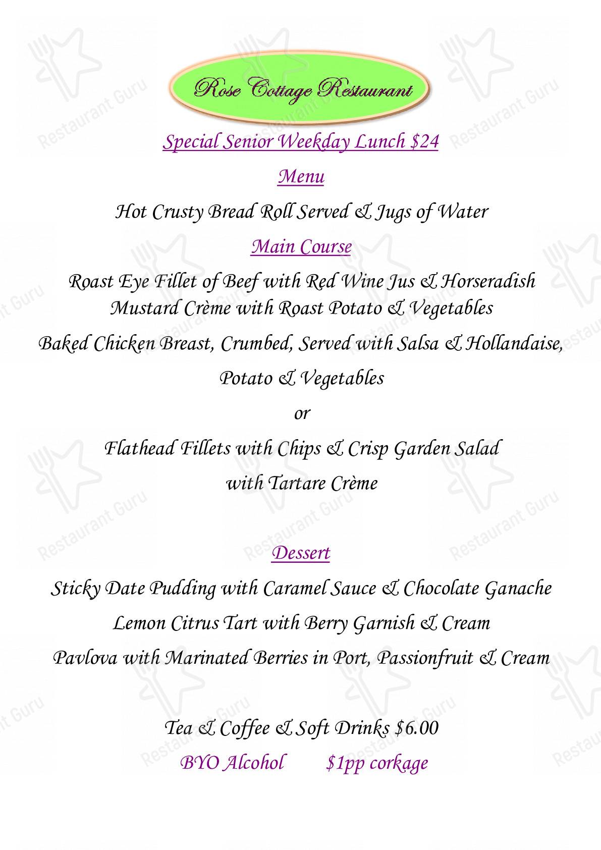 Menu at Rose Cottage Restaurant, Monbulk