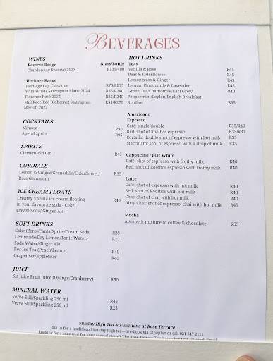Menu at Rose Terrace Tea Room restaurant, Cape Town