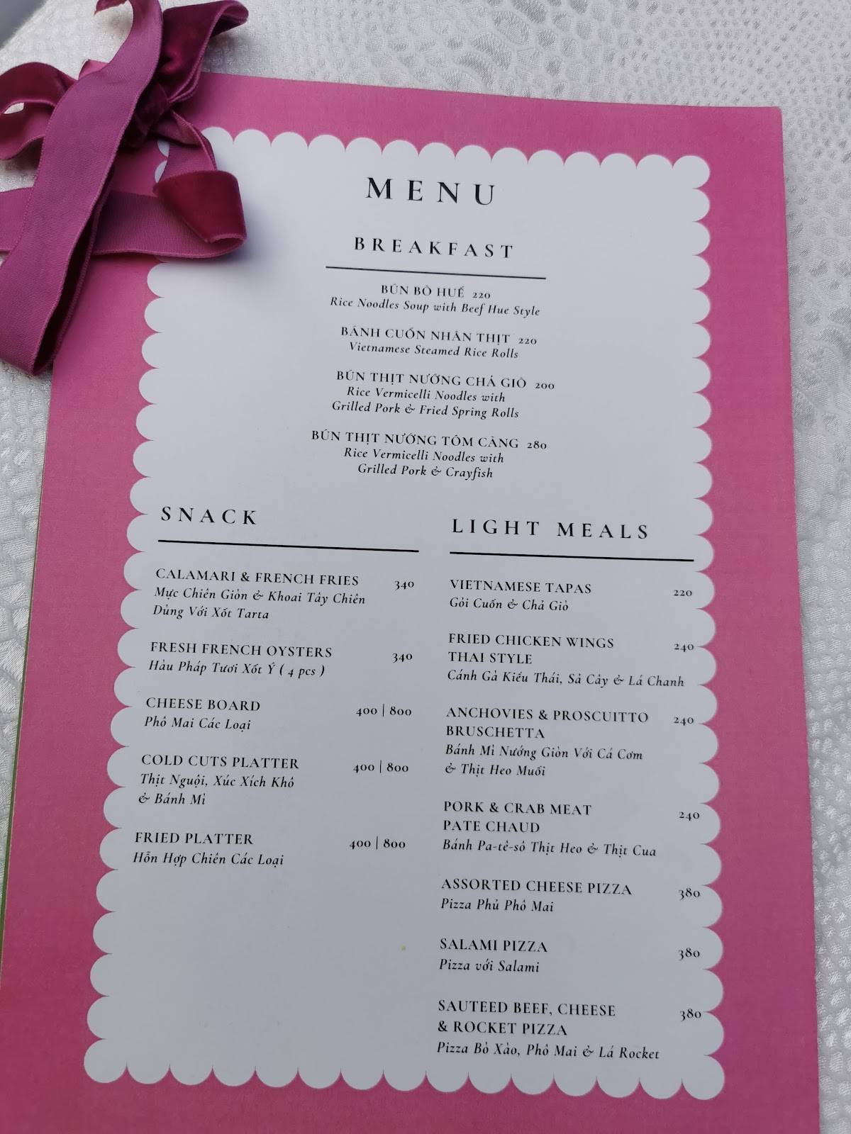 Menu at Rose Villa Saigon restaurant, Ho Chi Minh City