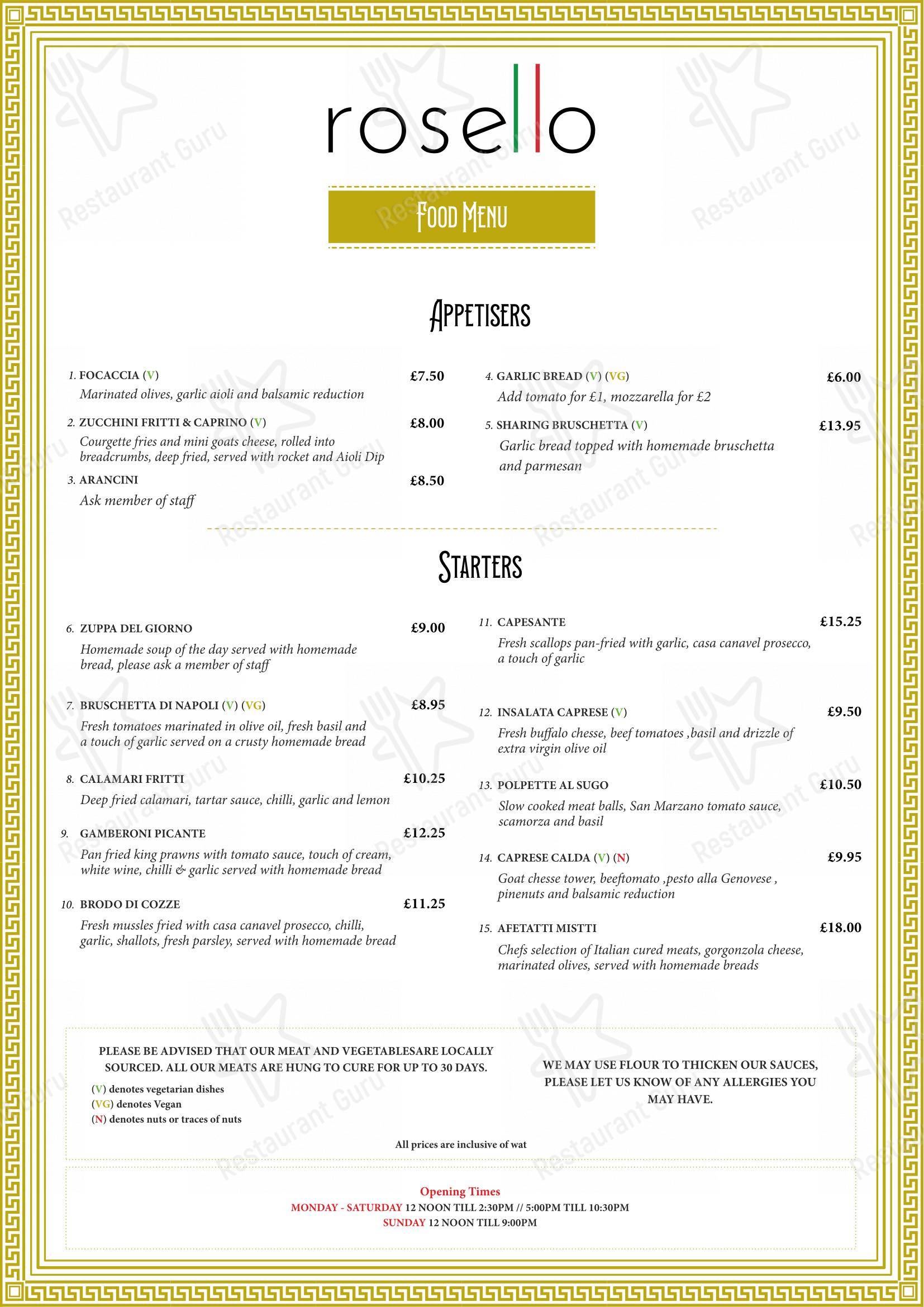 Menu at Rosello Restaurant, Albrighton