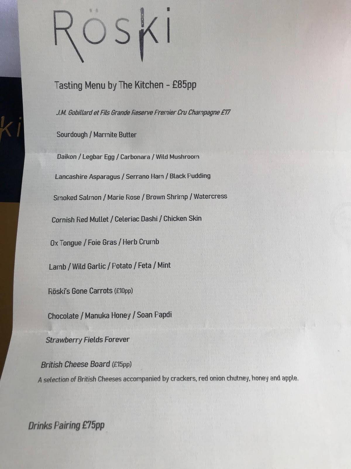 Menu at Roski Restaurant, Liverpool