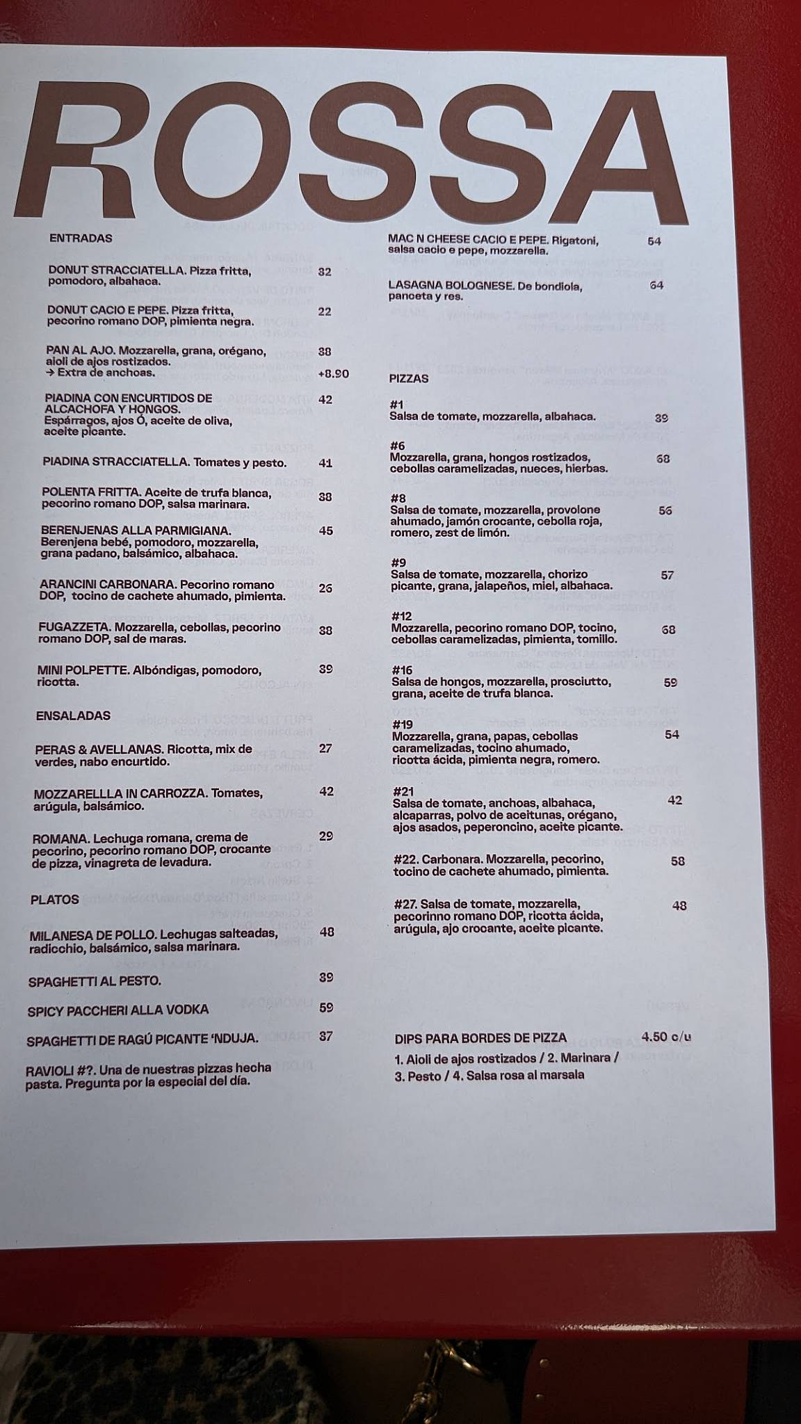 Carta del restaurante Rossa Pizza Appassionata, San Isidro