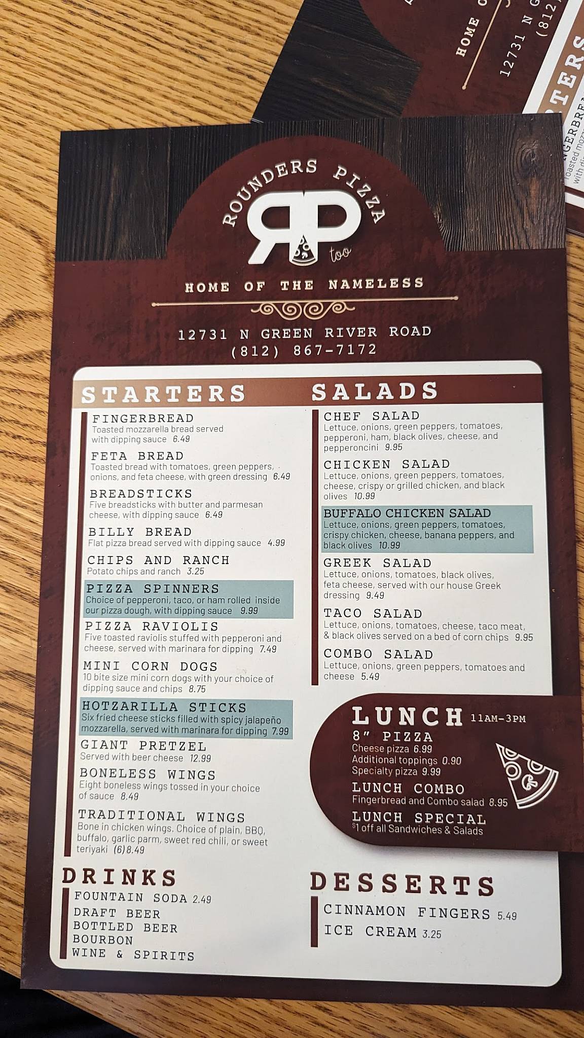 Menu at Rounders Too pizzeria, Evansville