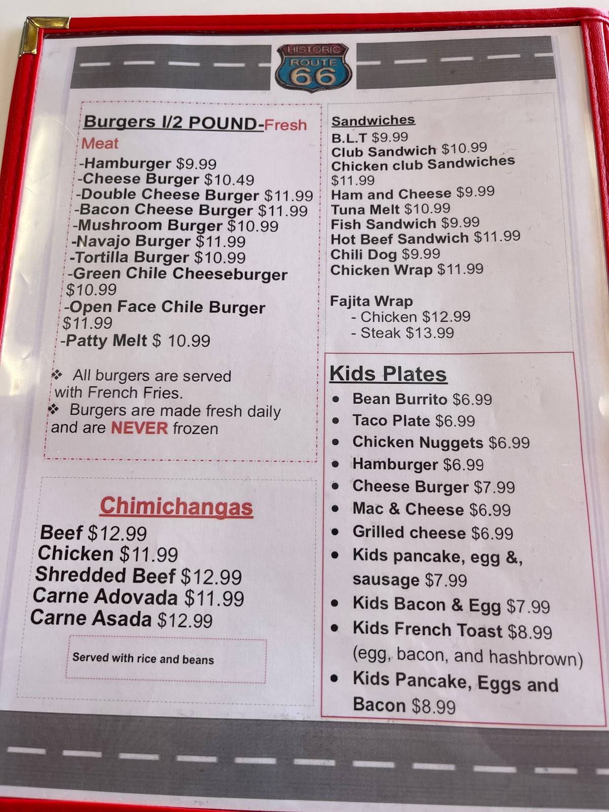 Menu at Route 66 Diner restaurant, Gallup, E E Hwy 66