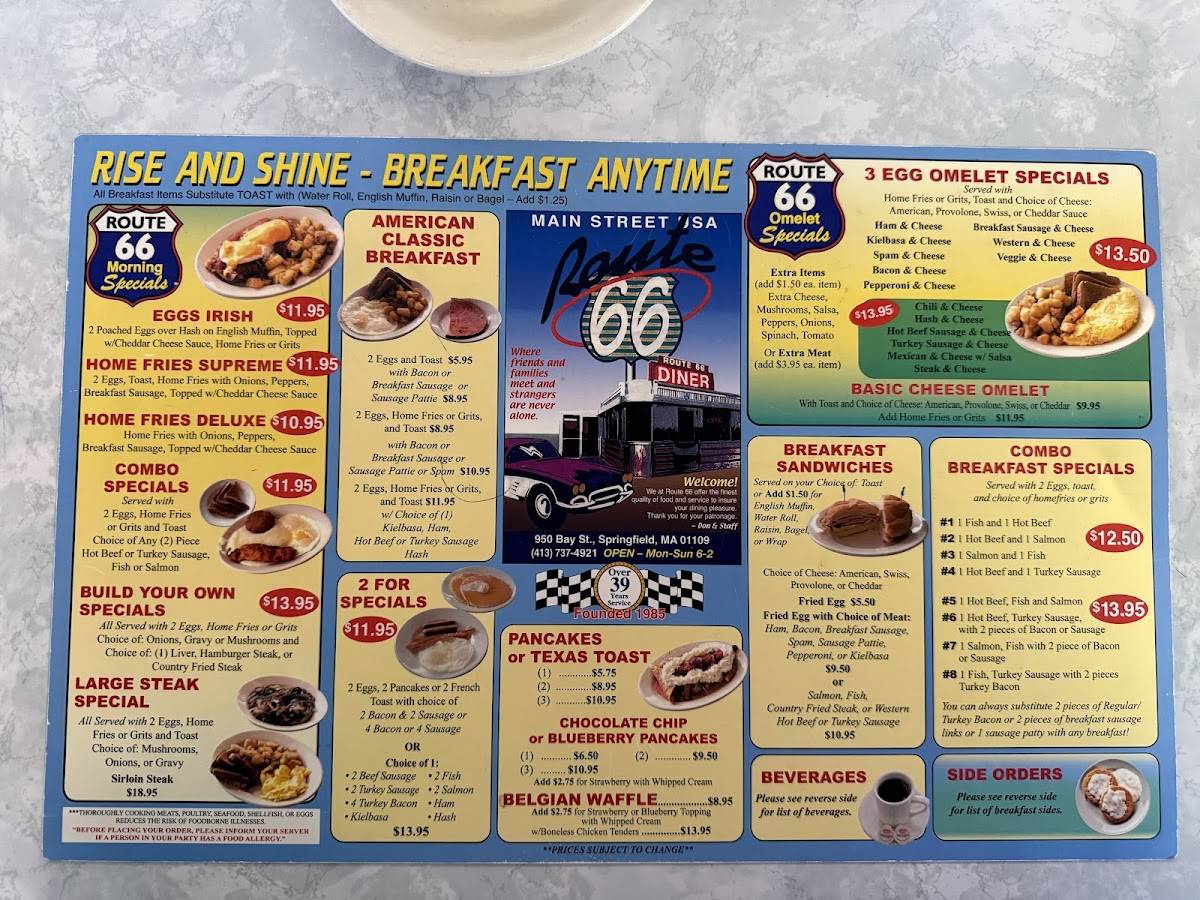 Menu at Route 66 Diner restaurant, Springfield