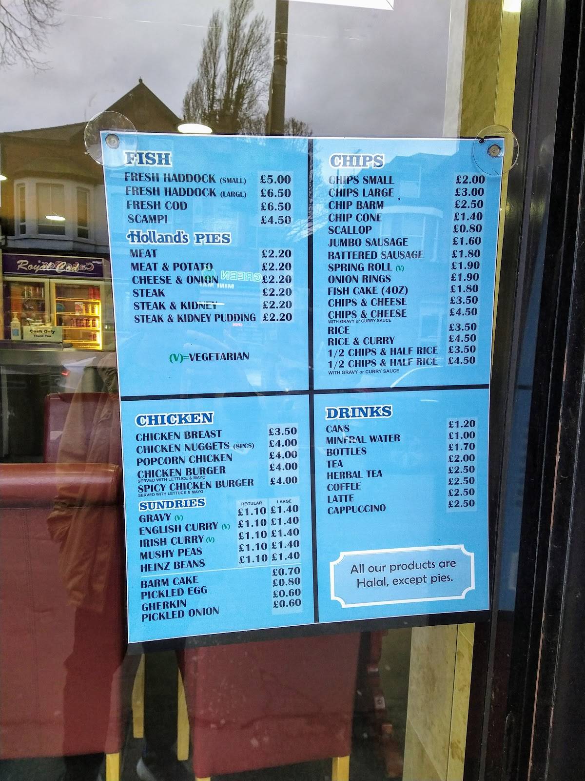Menu at Royal Cod restaurant, Manchester