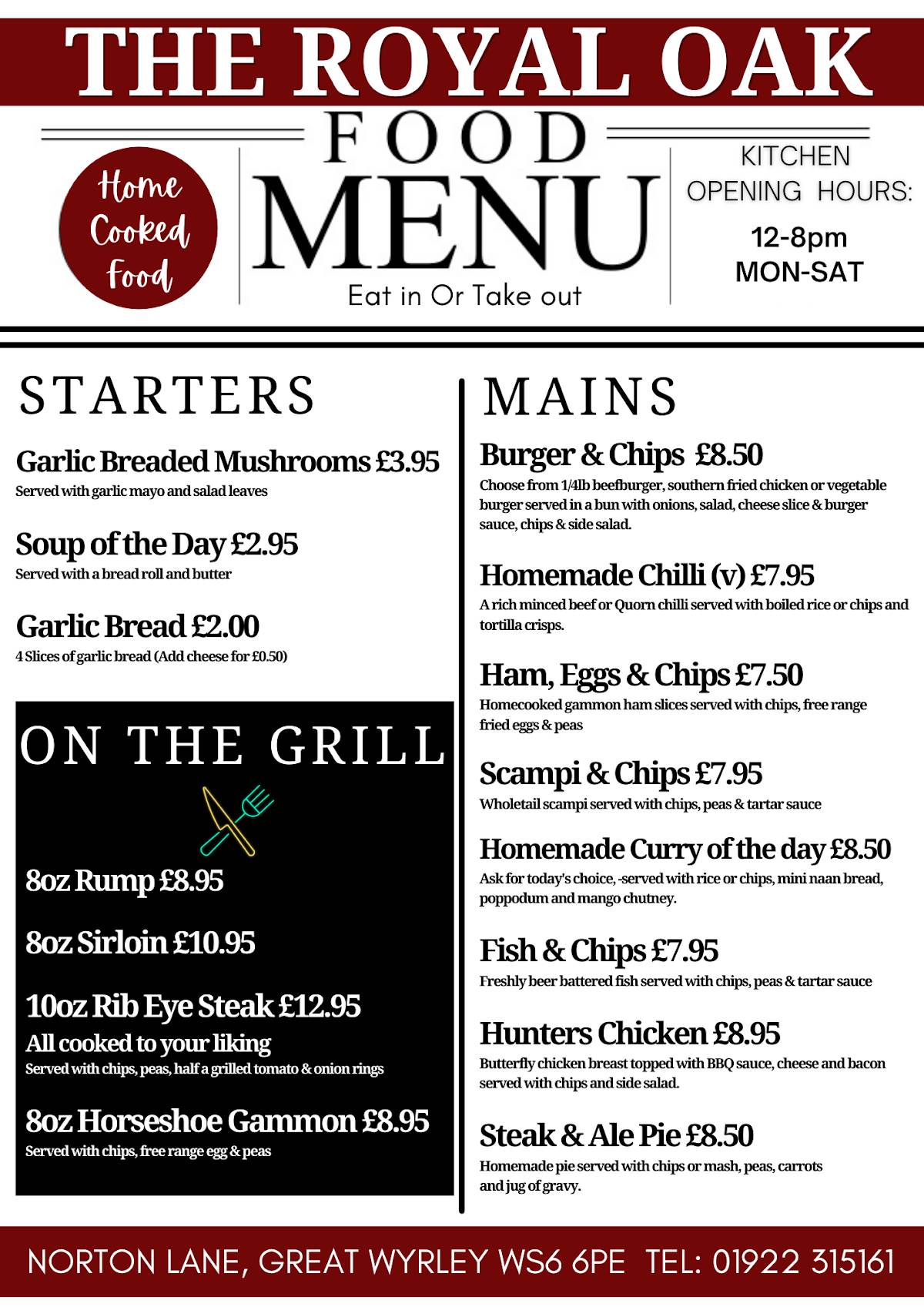 Menu at Royal Oak pub & bar, Walsall, 8 Norton Ln