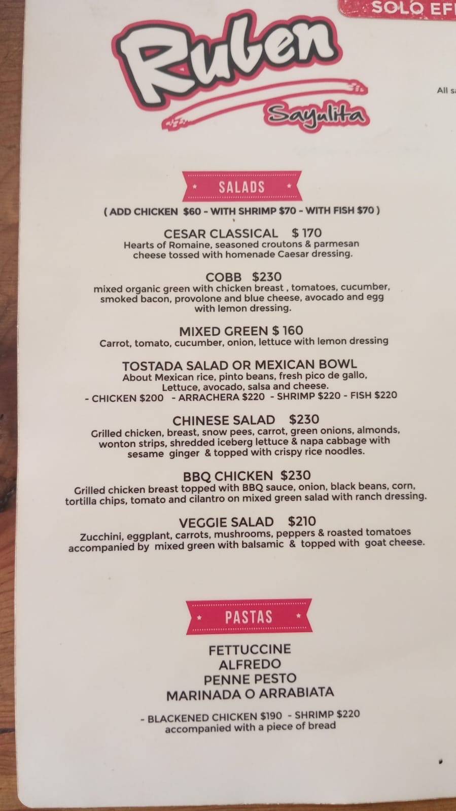 Menu at Ruben's restaurant, Sayulita