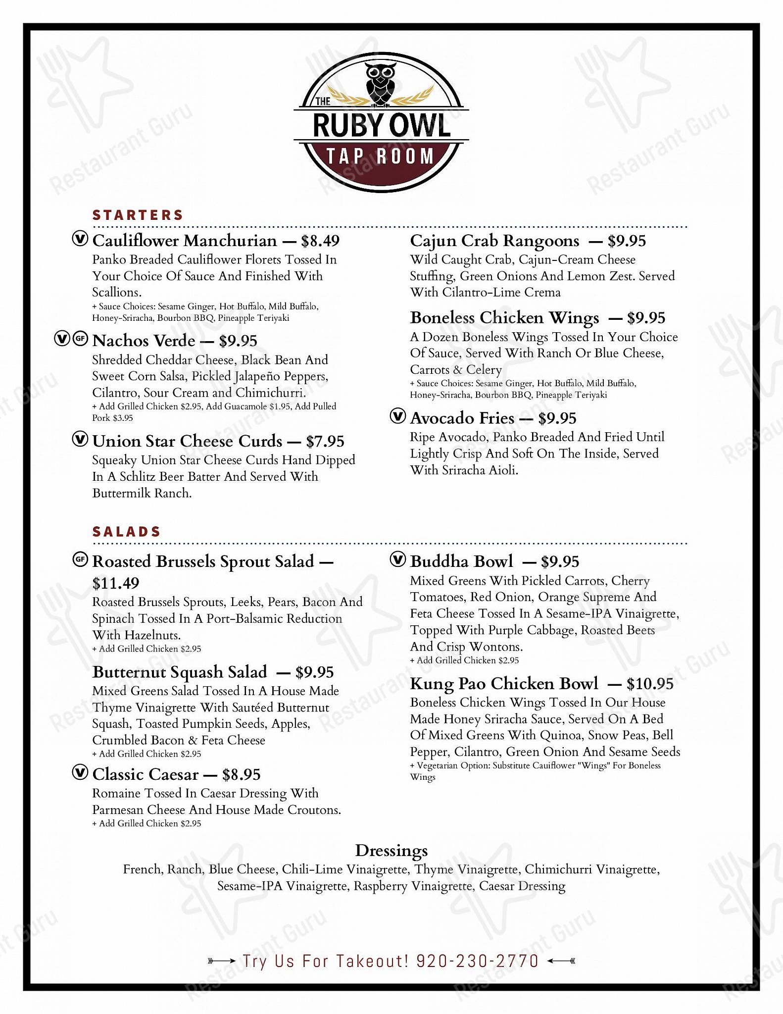 Menu at The Ruby Owl Tap Room pub & bar, Oshkosh