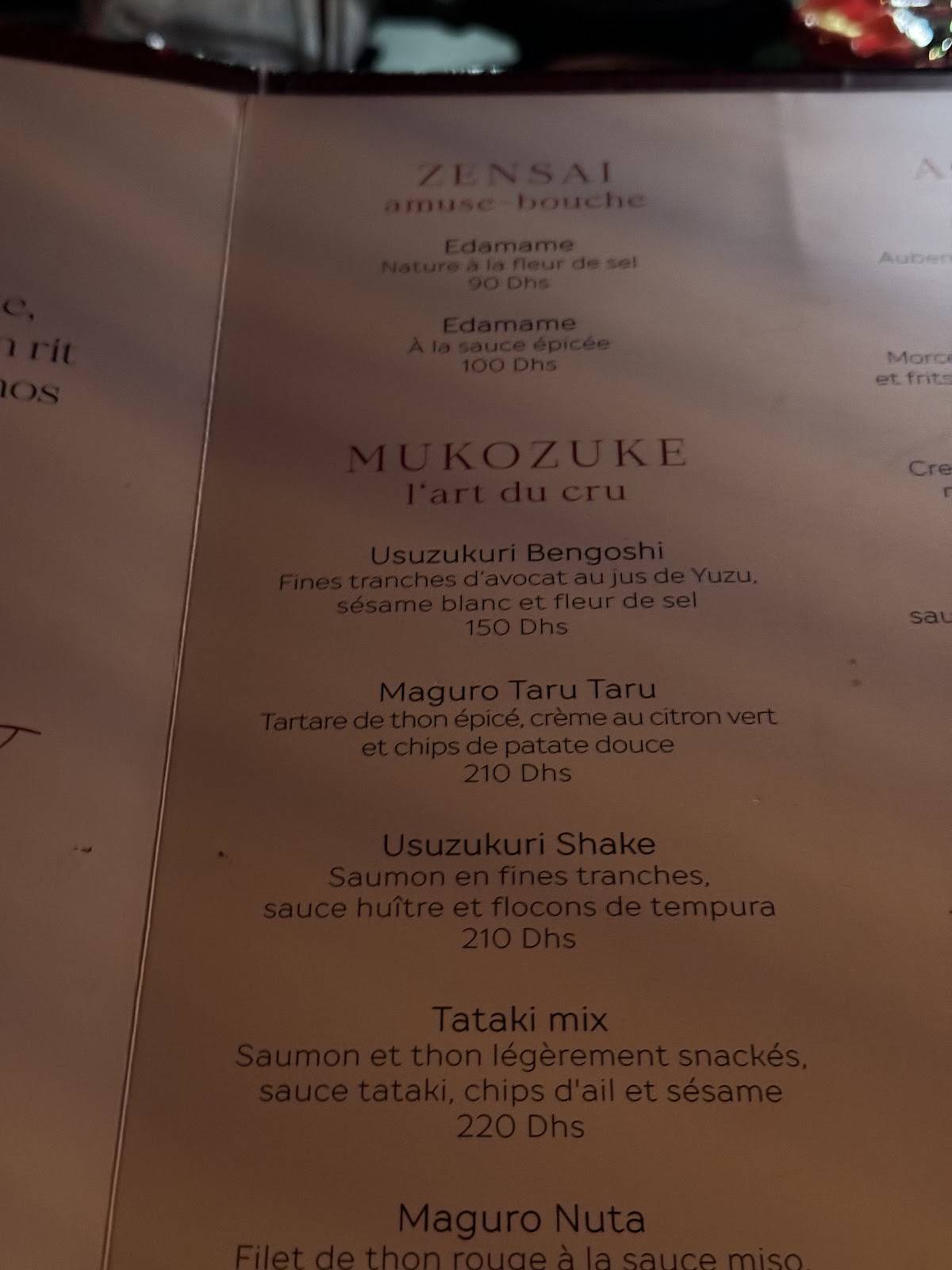 Menu au Ruby supper club, Casablanca