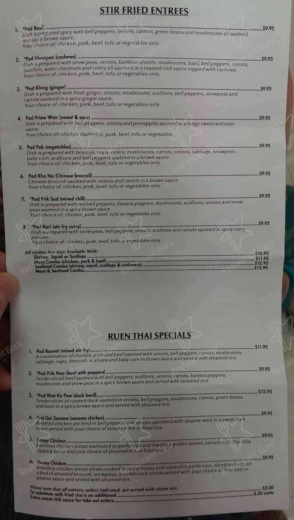 Menu at Ruen Thai restaurant, Cornelia