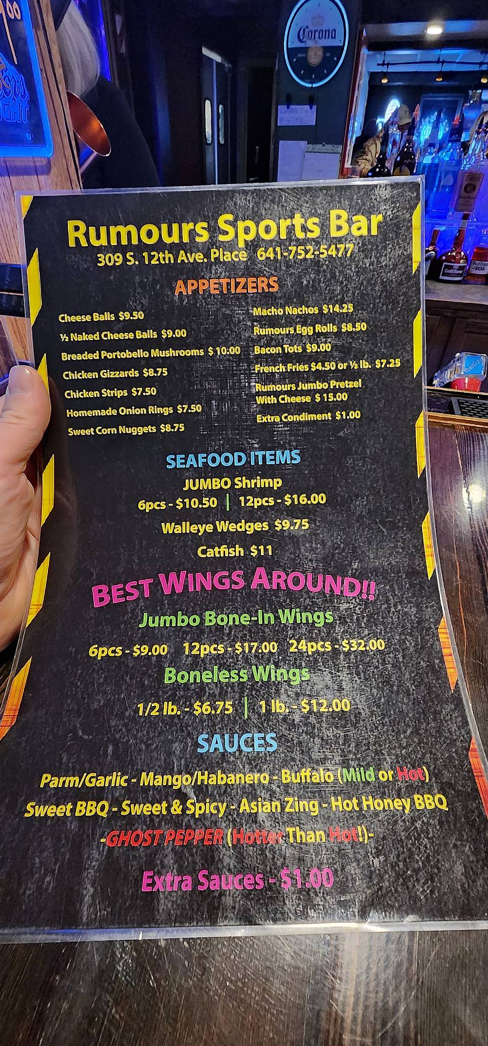 Menu at Rumours Sports Bar & Grill, Marshalltown