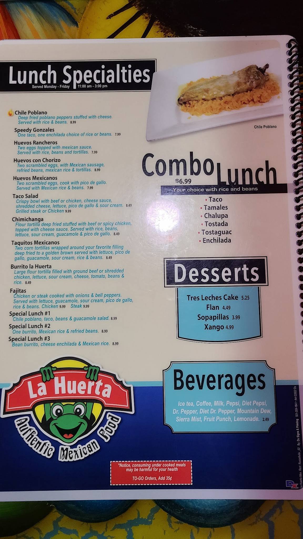 Menu at La Huerta Mexican Restaurant, Russellville, E Main St