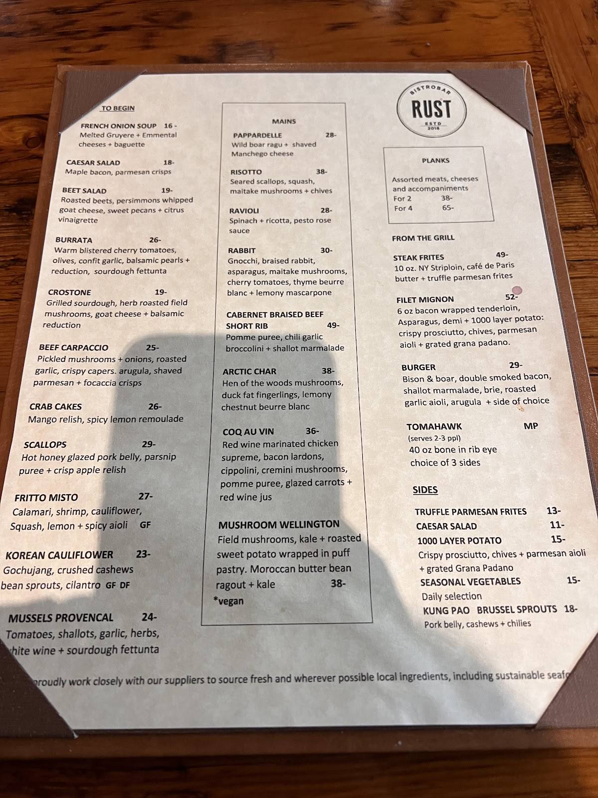Menu at Rust BistroBar, Burlington