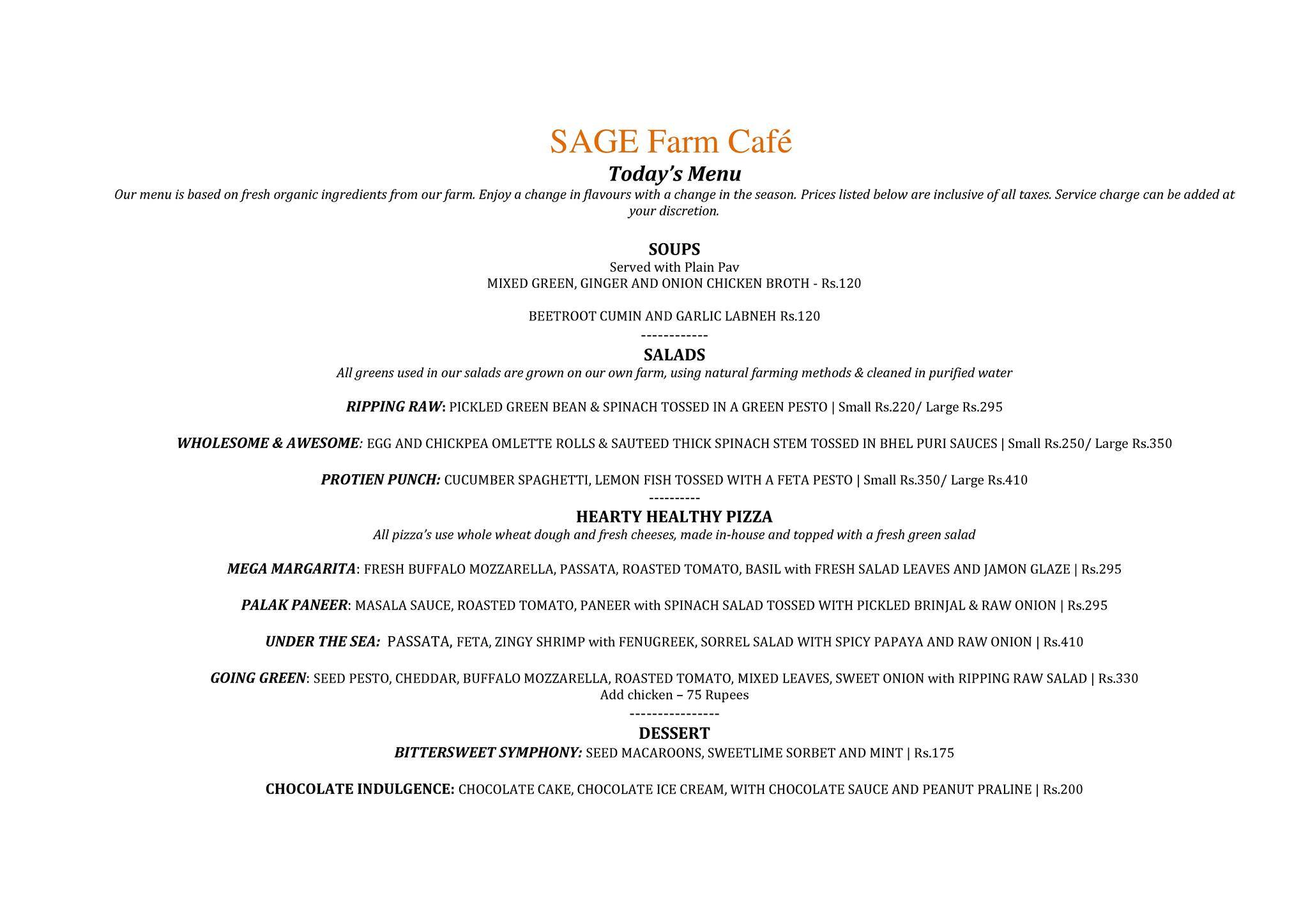 Menu at SAGE Farm Cafe, Hyderabad