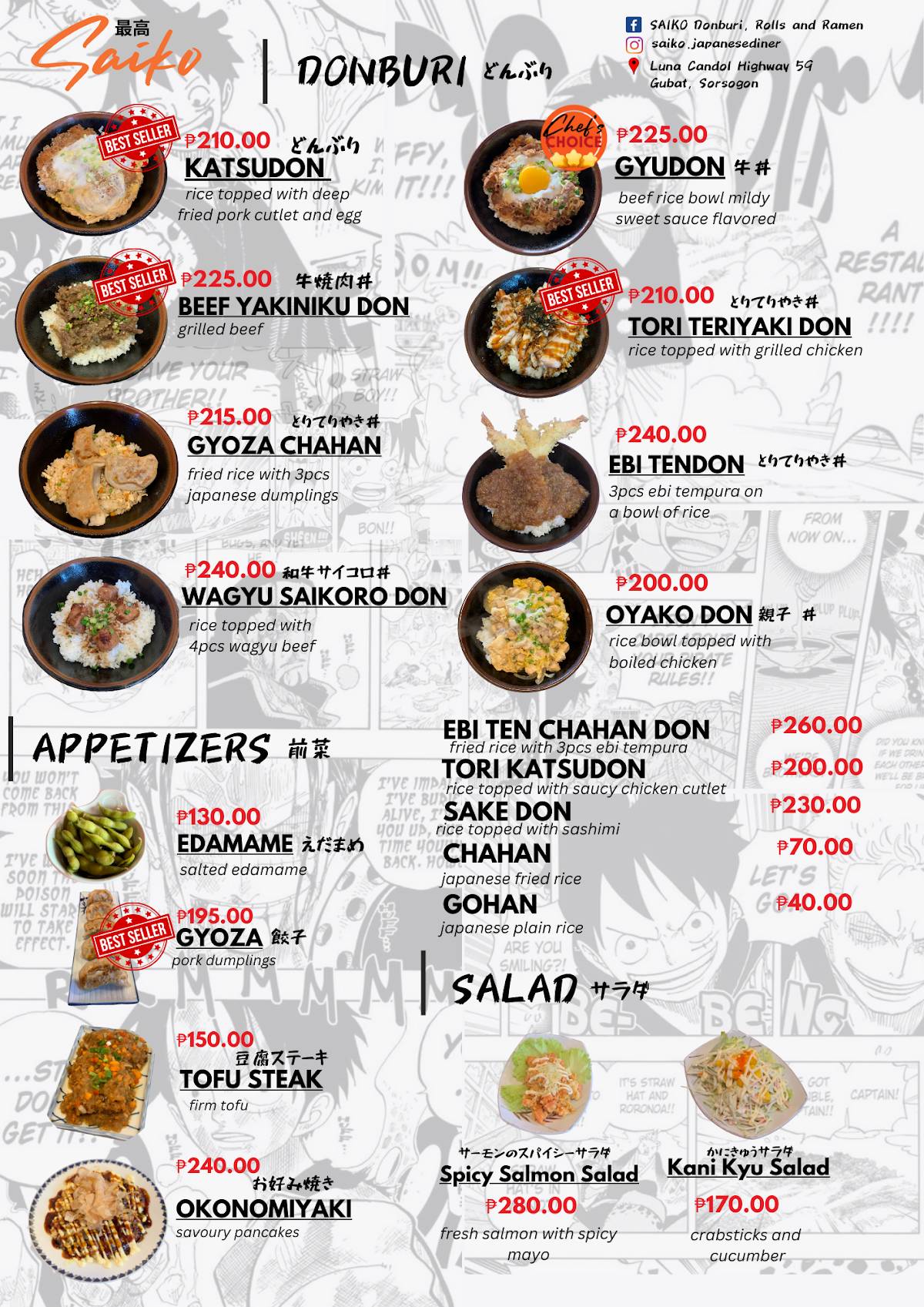 Menu at SAIKO Donburi, Rolls & Ramen restaurant, Gubat