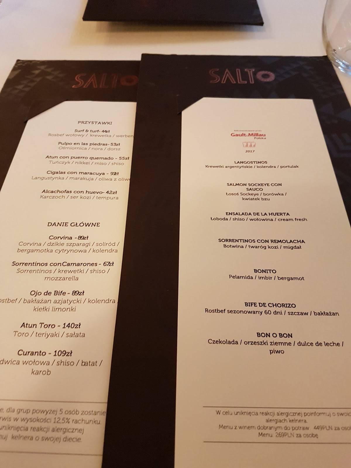 Menu at SALTO restaurant, Warsaw