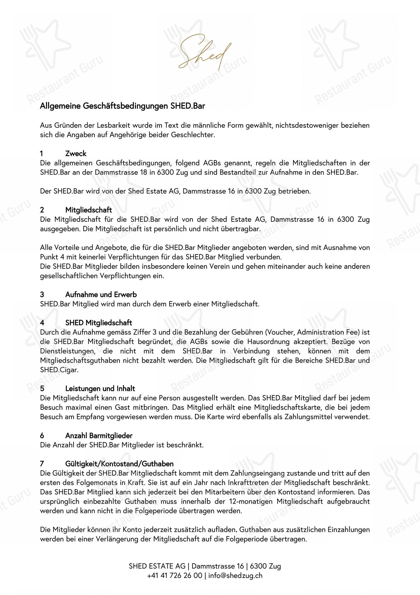 Speisekarte von SHED.Market Zug, Zug