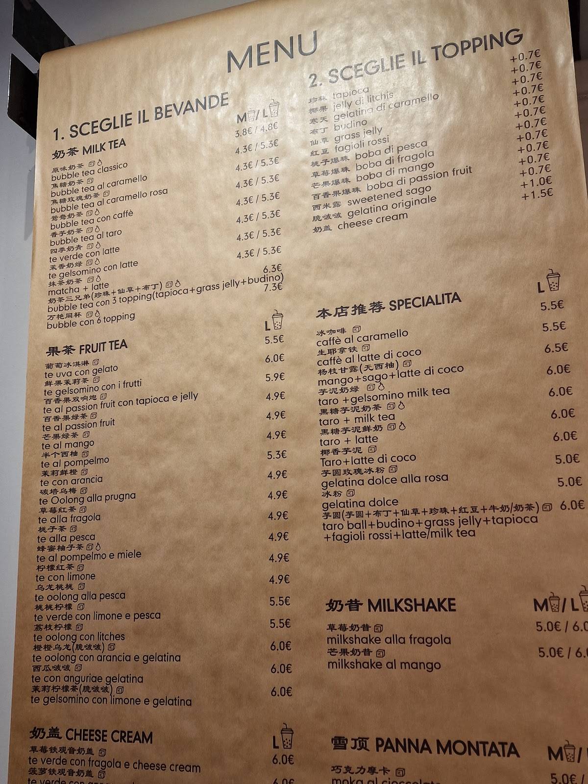 Carta de SHIKO BUBBLE TEA 十口奶茶, Milan, Via Carlo Imbonati