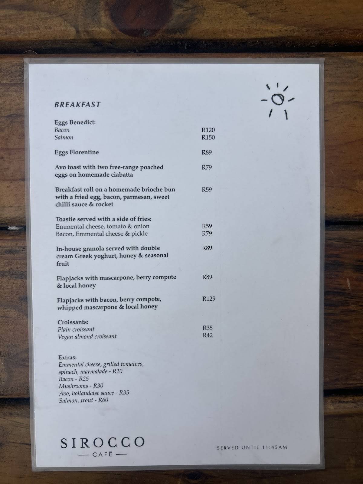 Menu at SIROCCO CAFE, Cape Town, 75 Main Rd