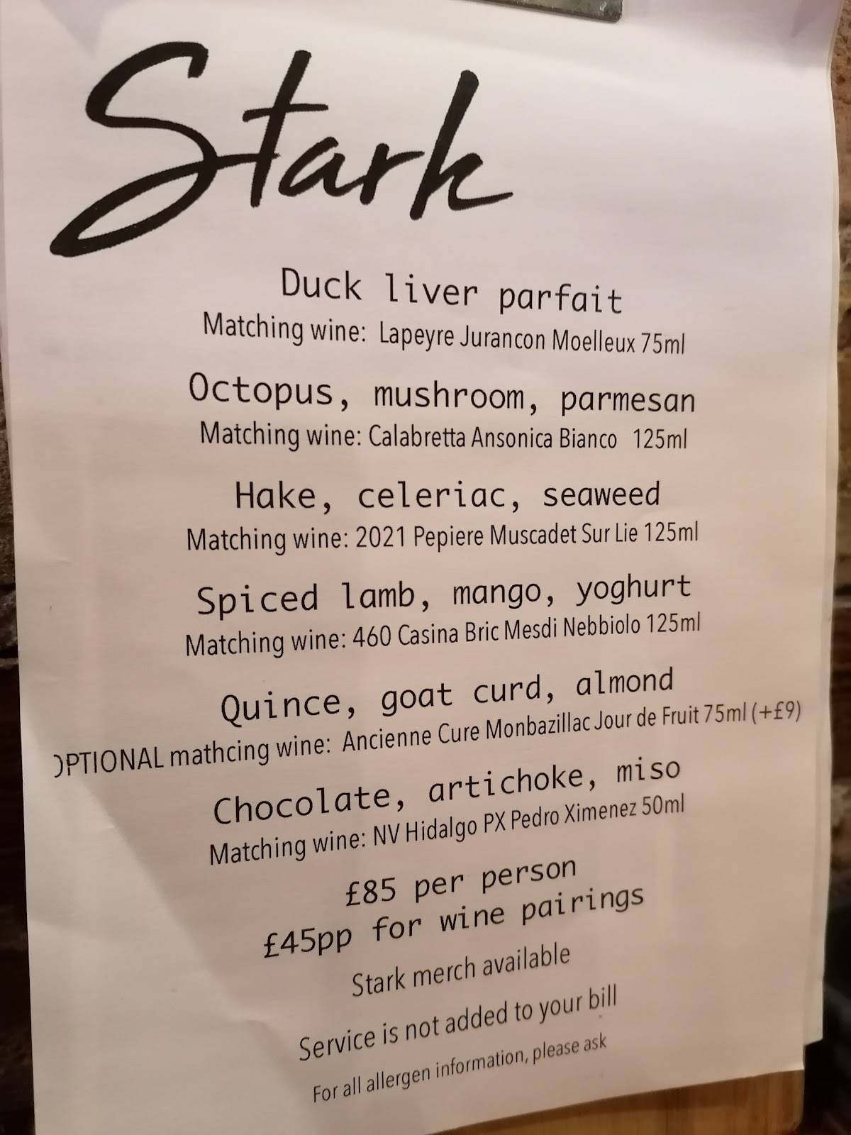 Menu at STARK restaurant, Broadstairs, 15 Oscar Rd
