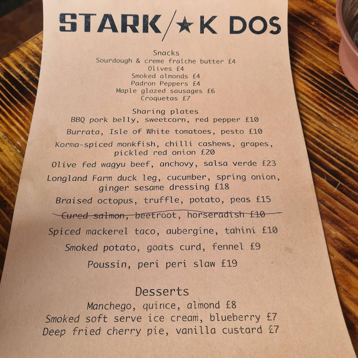 Menu at STARK restaurant, Broadstairs