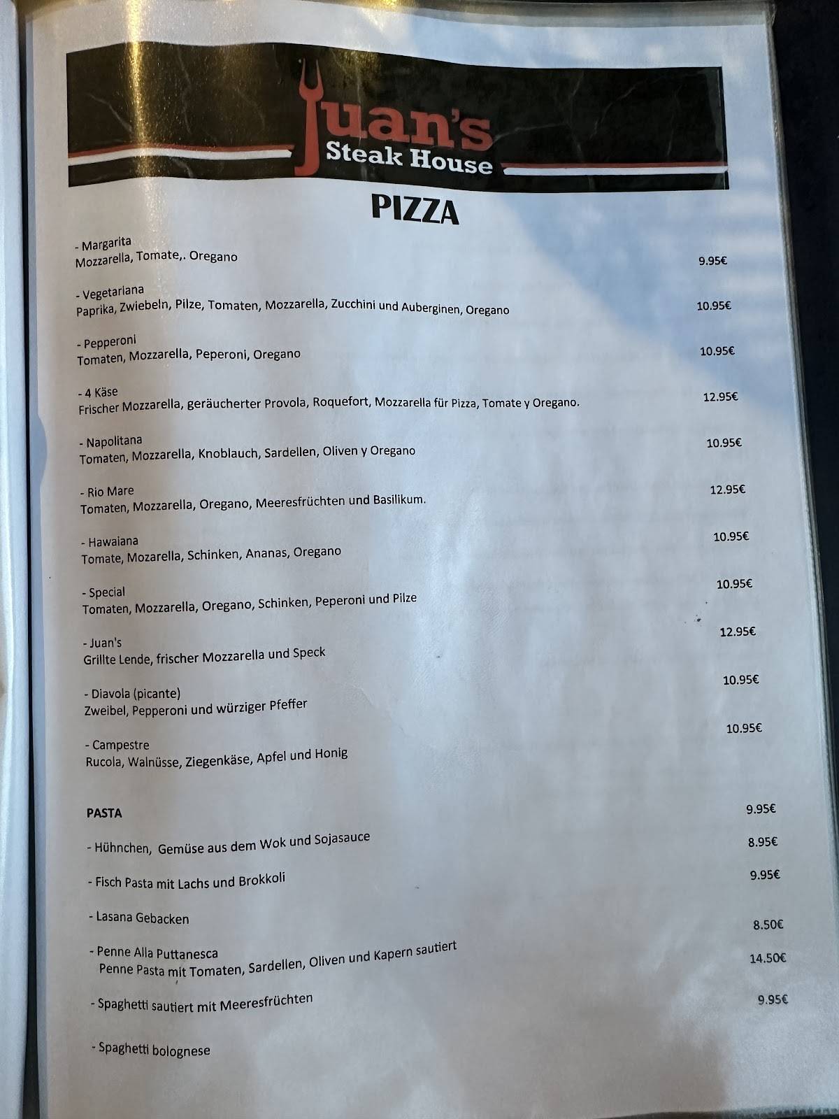 Menu at Juan's Steakhouse, Sa Coma