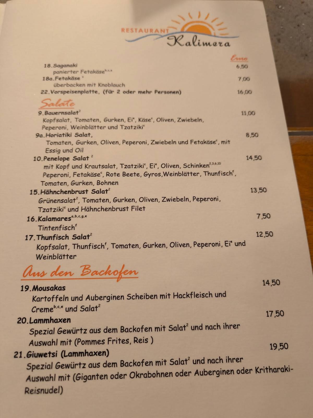 Speisekarte von Kalimera restaurant, Saarlouis