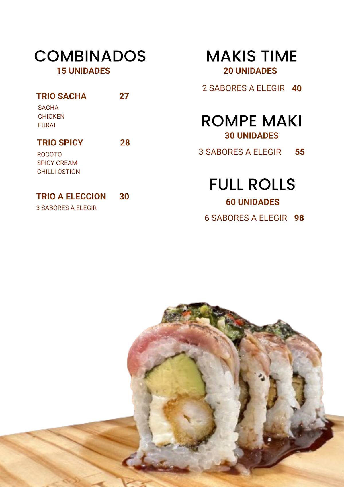 Carta del restaurante Sacha Nikkei, Chincha Baja, Jiron Los Angeles 153
