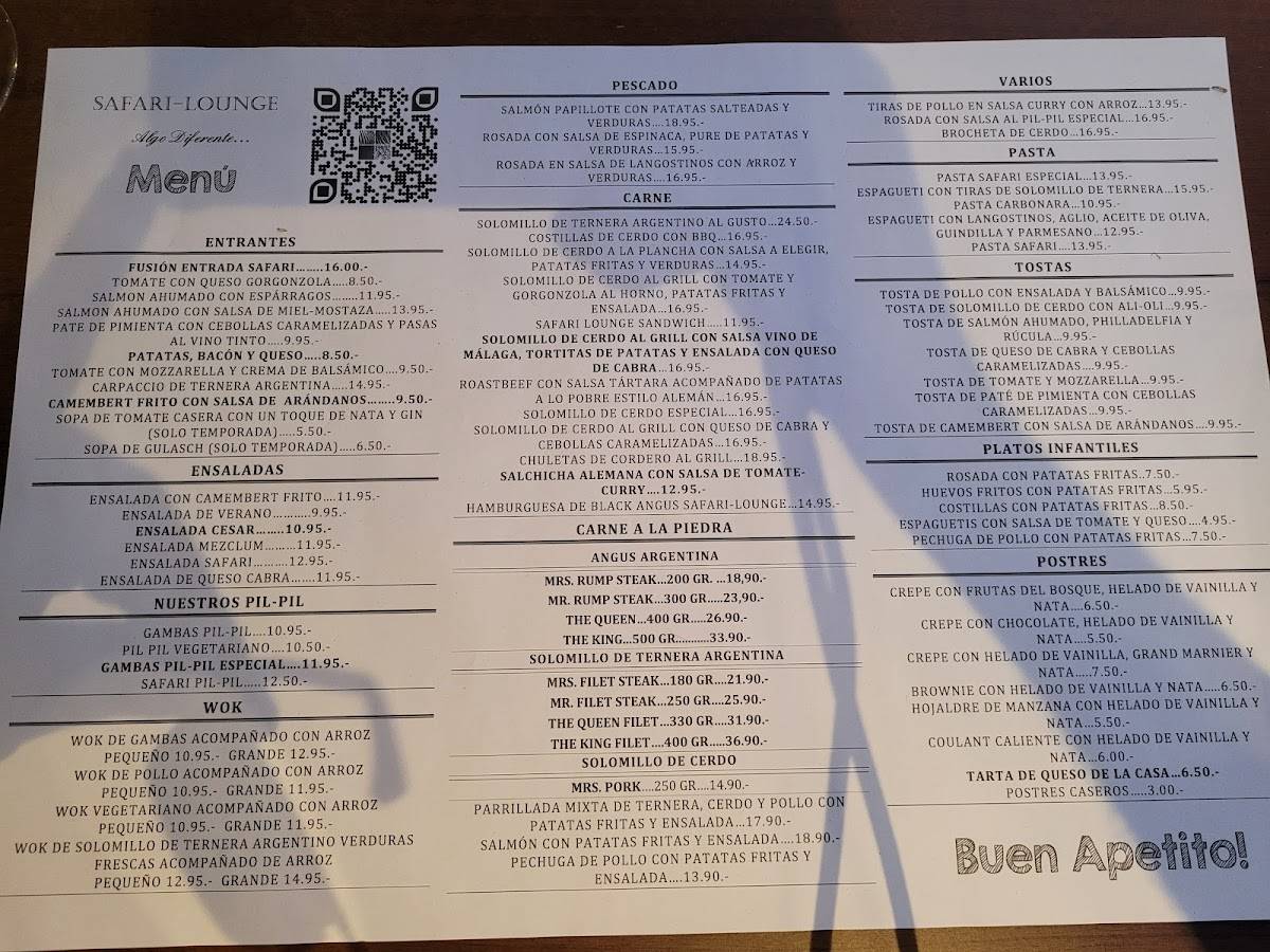 Menu at Safari Lounge restaurant, Torre del Mar