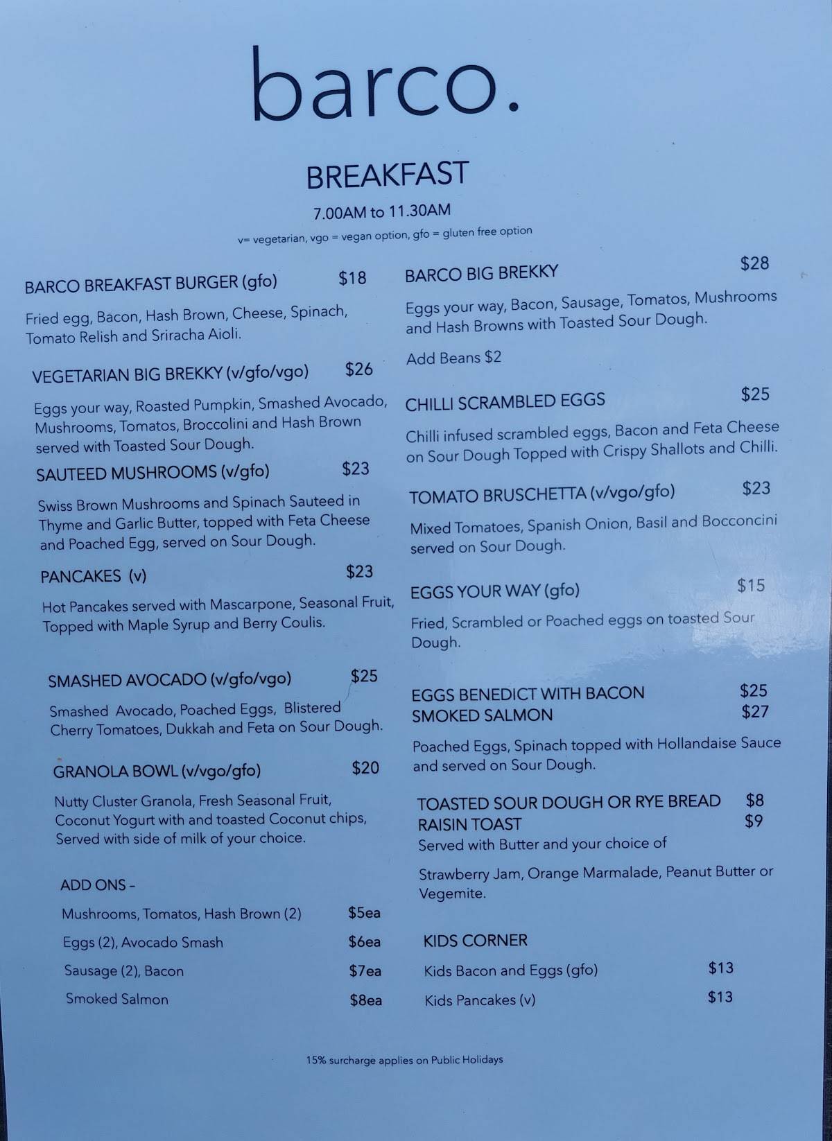 Menu at Café Barco, Safety Bay