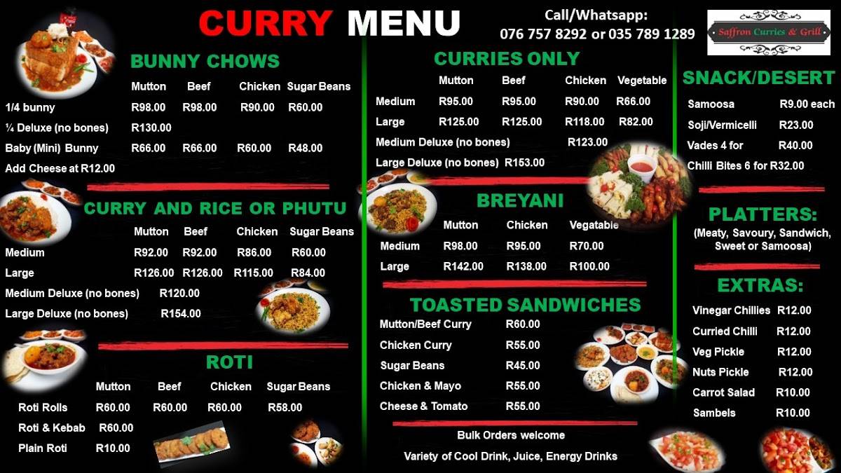 Menu at Saffron Curries restaurant, Richards Bay